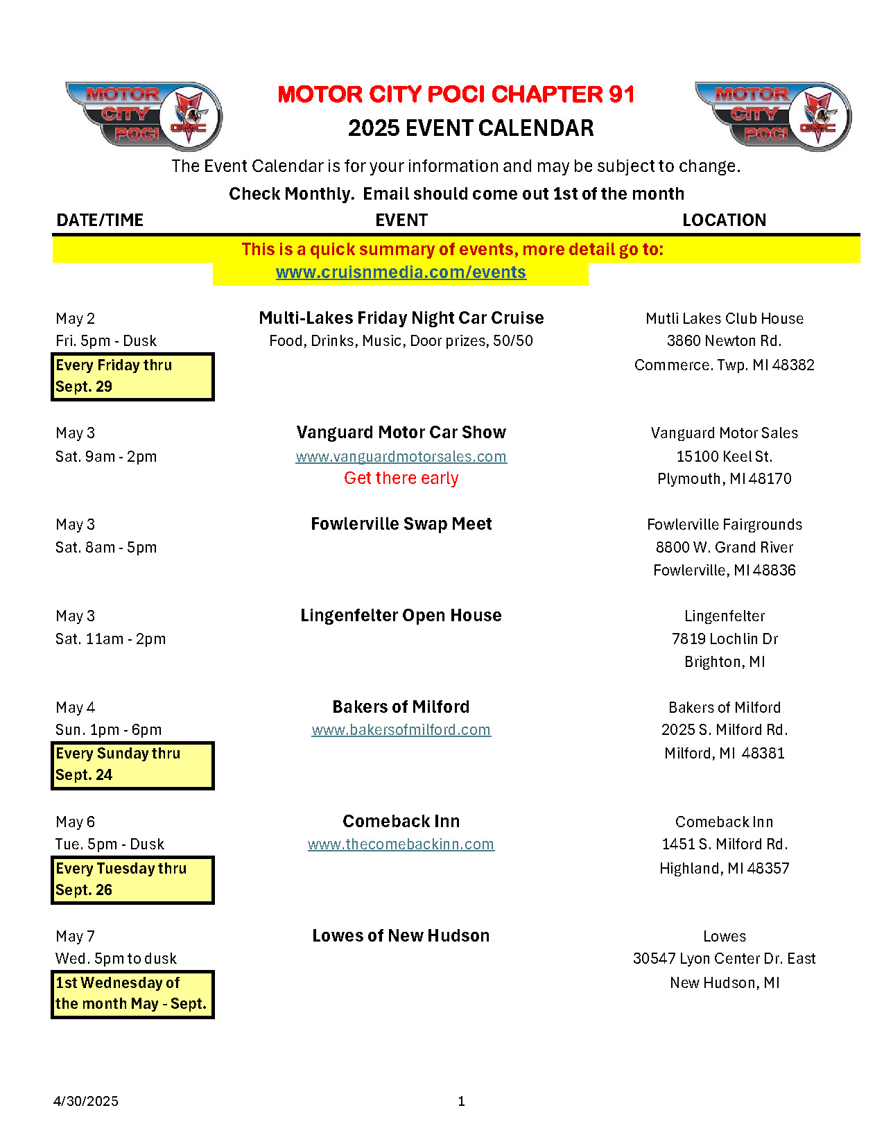 2025 EVENTS – Motor City Chapter of POCI